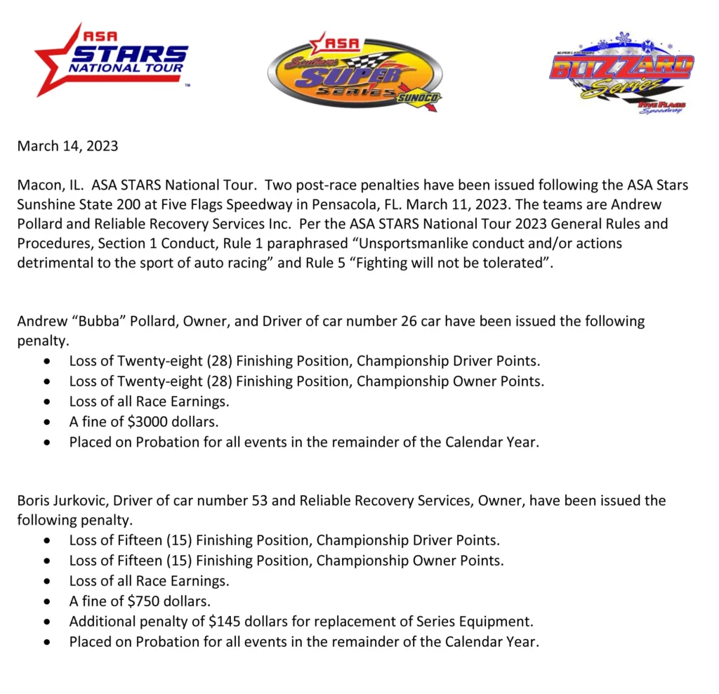 Penalties Levied From Inaugural Sunshine State 200 ASA STARS National ...